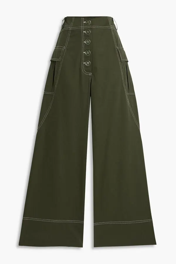 Farm Rio Cotton-twill Wide-leg Pants - Dark Green