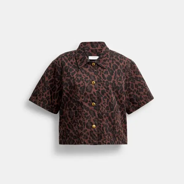 Coach Leopard Print Denim Short Sleeve Top