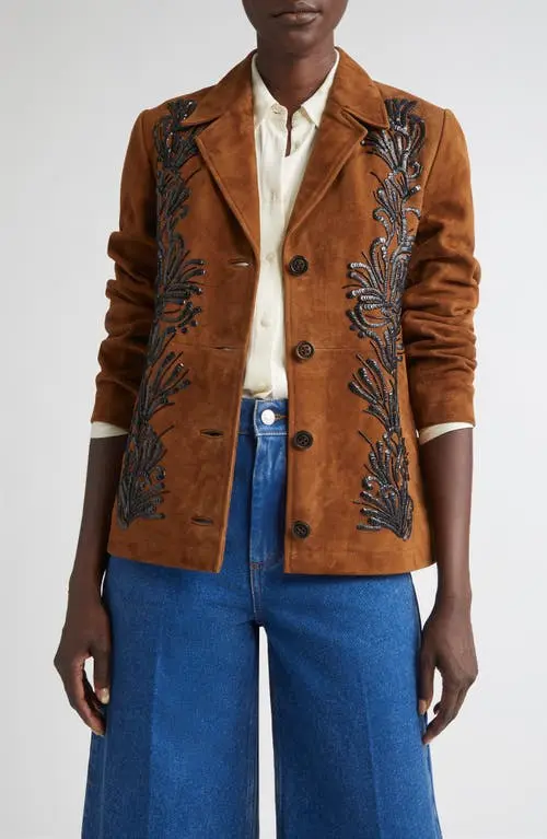 St. John Ojai Sequin & Bead Embellished Suede Jacket