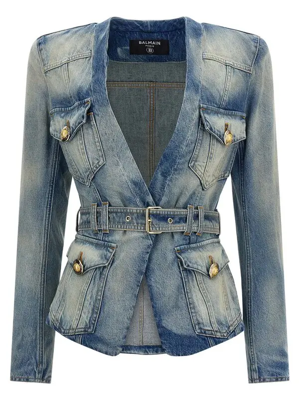 Balmain Stonewashed Denim Blazer - Blue