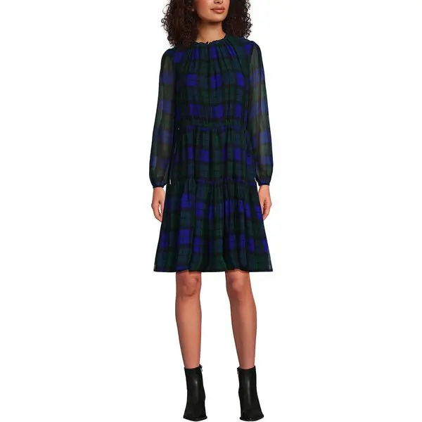 LANDS' END Chiffon Adjustable Dress - Cobalt Blackwatch Plaid