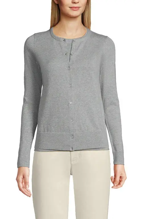 LANDS' END Fine Gauge Cotton Cardigan Sweater - Gray Heather