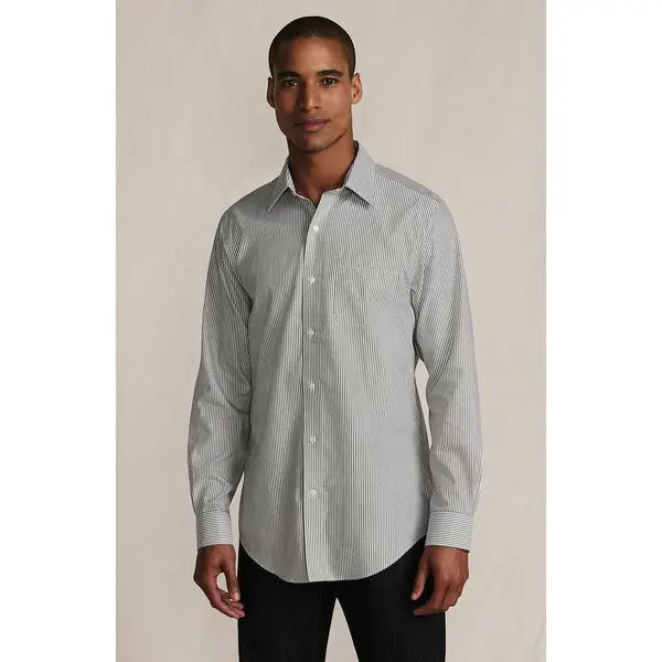 LANDS' END Solid No Iron Supima Pinpoint Straight Collar Dress Shirt - River Stone Green Stripe