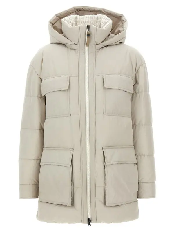 Brunello Cucinelli Knitted Neck Down Jacket - Beige