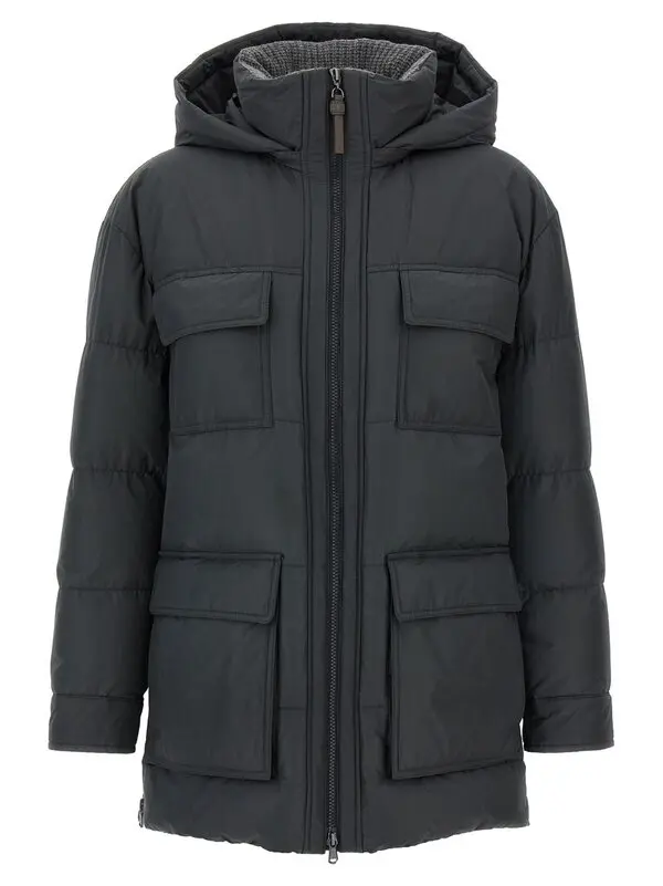 Brunello Cucinelli Knitted Neck Down Jacket - Gray