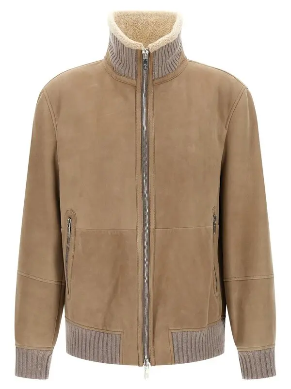 Brunello Cucinelli Suede And Shearling Bomber Jacket - Beige