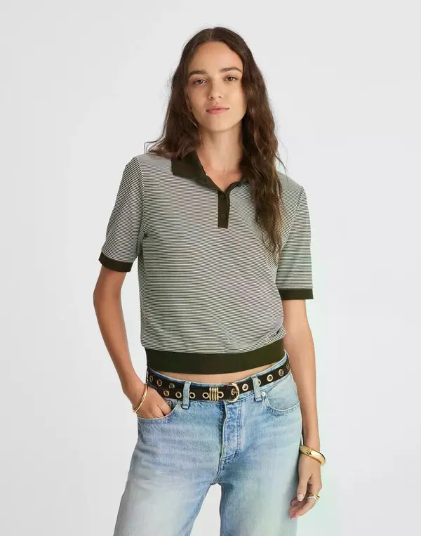 Madewell Striped Shrunken Polo - Bronzed Avocado