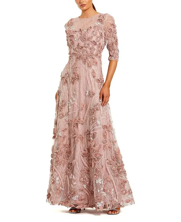 Mac Duggal 3/4 Sleeve High Neck Embroidered A-line Gown - Mocha