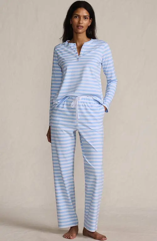 LANDS' END Petite Knit 2 Piece Pajama Setlong Sleeve Top And Pants - Clear Blue Sky Even Stripe