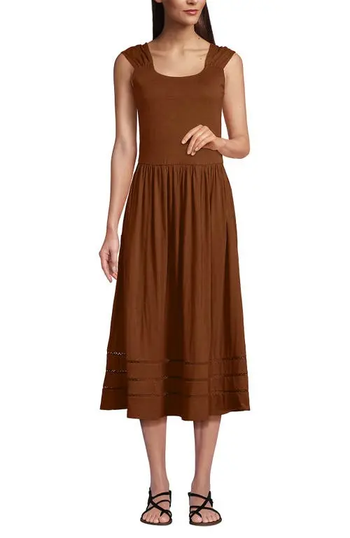 LANDS' END Slub Cap-sleeve Shirred Skirt Midi Dress - Rich Ginger Brown
