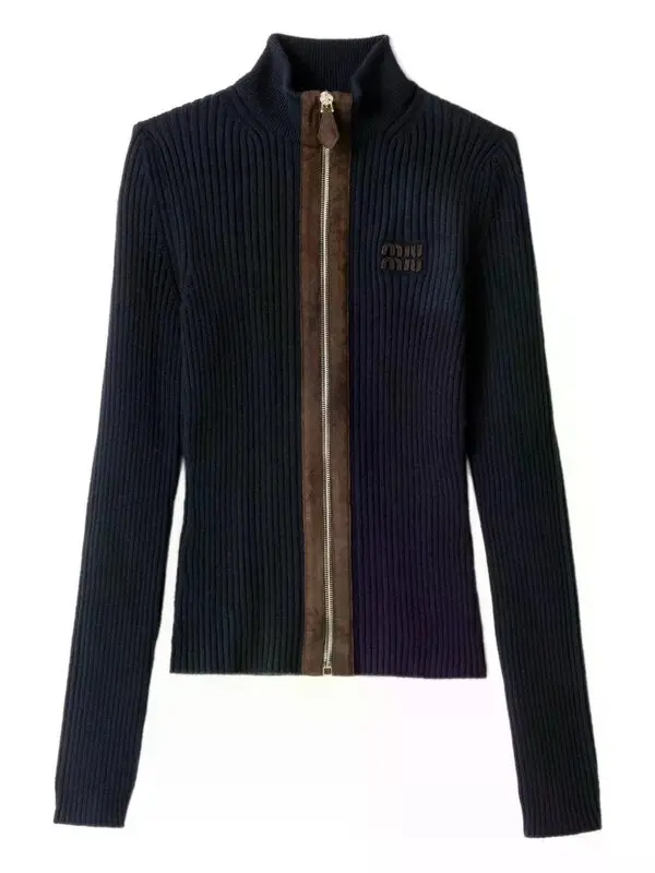 Miu Miu Leather-trim Ribbed Zip-up Cardigan