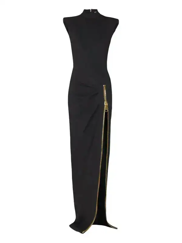 Balmain Maxi Zip-detail Shoulder-pad Dress - Black
