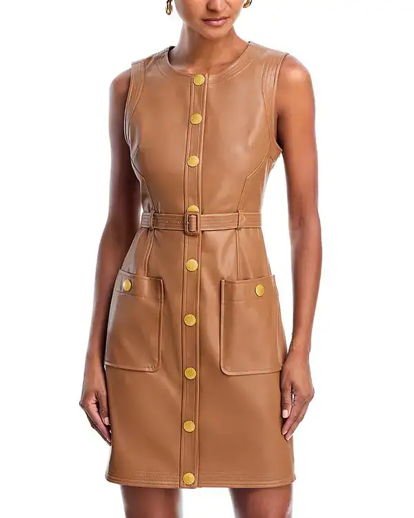 green emerald velvet dress One Shoulder Faux Leather Mini Dress Brown / Extra Small main image 0