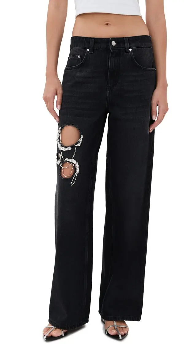 AREA Crystal Chain Cutout Relaxed Jeans - Washed Black