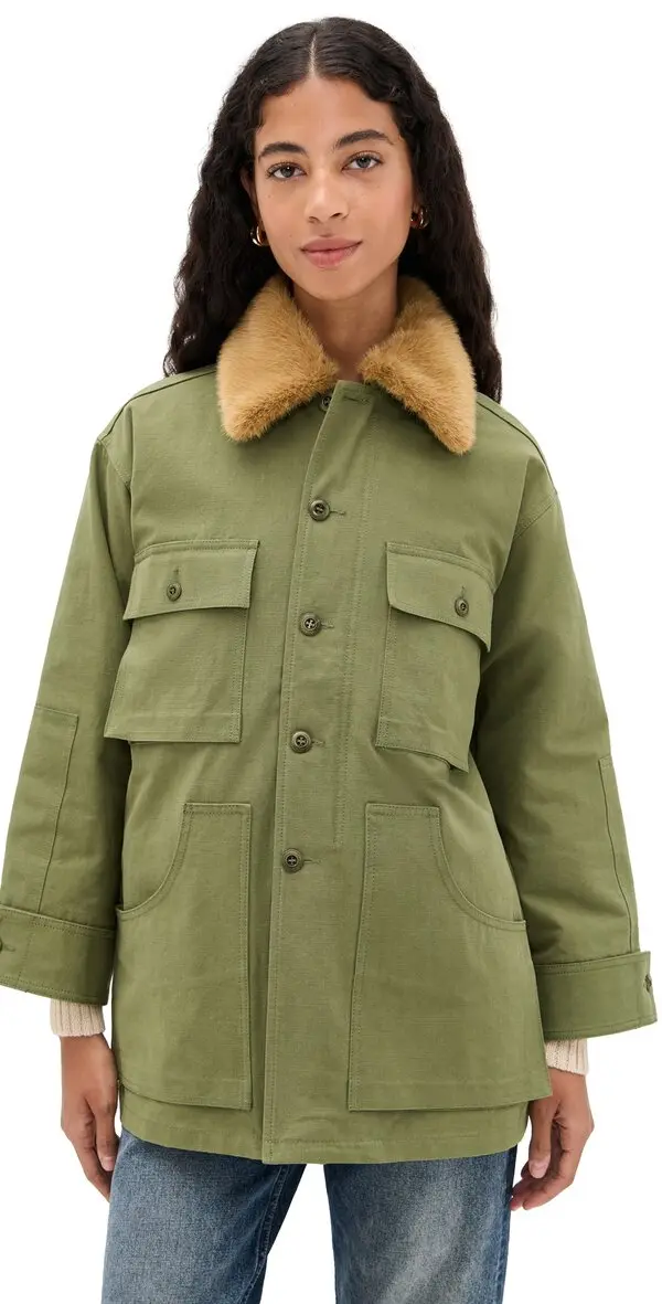 The Great. The Quilted Liner Parka - Army W/ Hot Orange