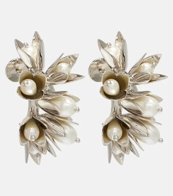 Simone Rocha Floral Faux Pearls Hoop Earrings - Silver