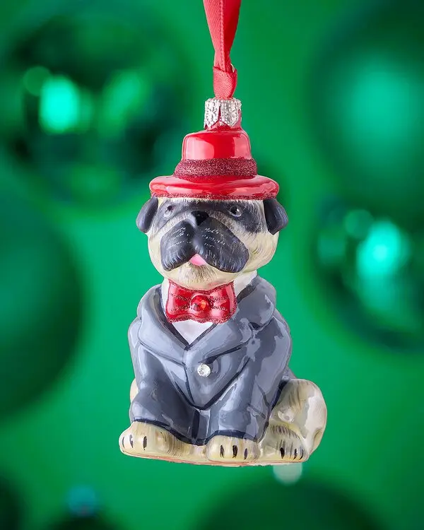 JOY TO THE WORLD COLLECTIBLES Pug Fawn In Red Fedora And Gray Suit Christmas Ornament