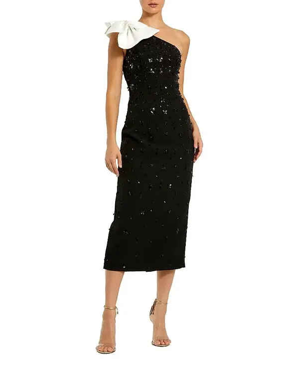 Mac Duggal Beaded Crepe One Shoulder Midi Dress With Bow