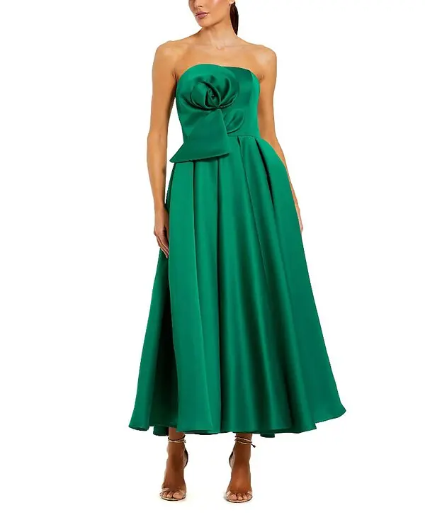 Mac Duggal Strapless Satin A-line Midi Dress With 3d Flower