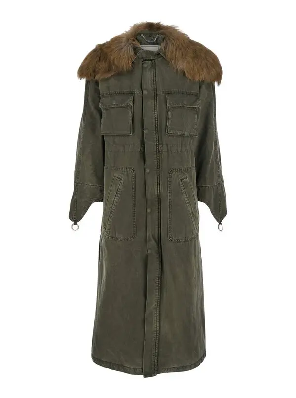 Blumarine Long Cotton Coat With Removable Fur - Green