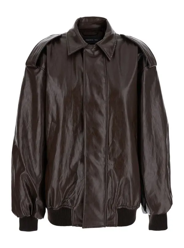 Federica Tosi Leather Jacket With Classic Collar And Drop Shoulders - Brown