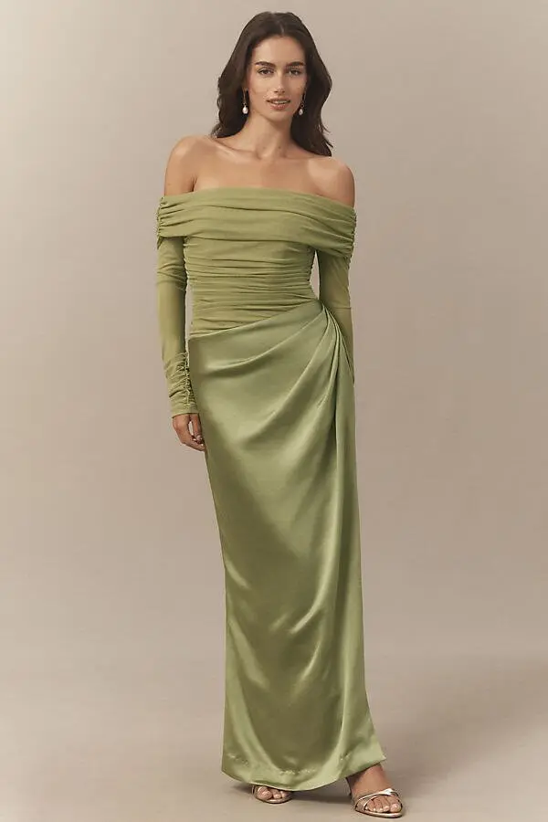 Bhldn Off-shoulder Long-sleeve Mesh Midi Dress