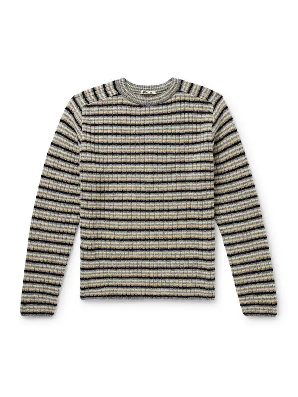 Auralee Striped Shetland Wool And Cashmere-blend Sweater - Gray