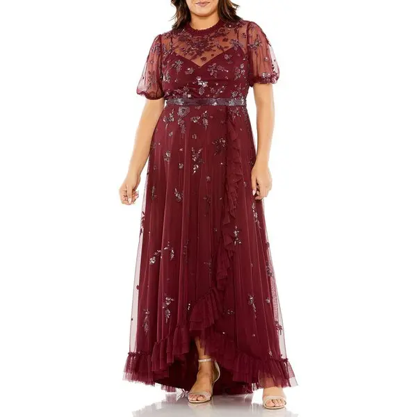 Mac Duggal High Neck Puff Sleeve Embellished Faux Wrap Gown