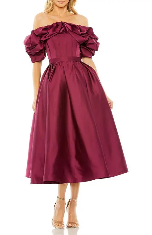 Mac Duggal Off-the-shoulder Tea-length Gown