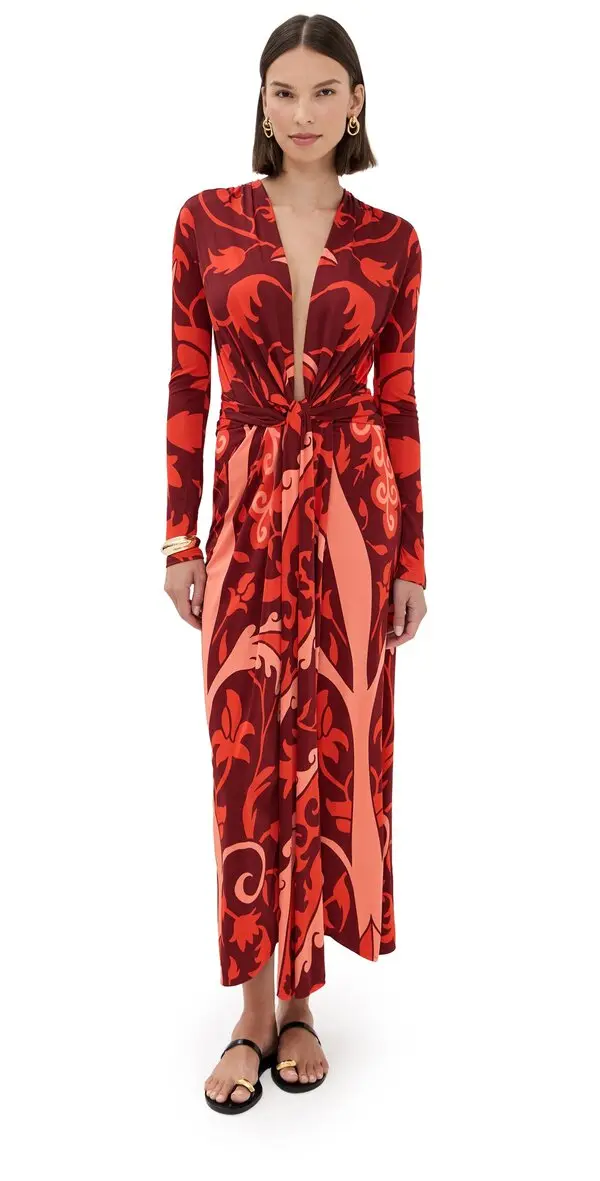 Johanna Ortiz Oasis Ankle Dress - Dark Wine/peach/hot Red