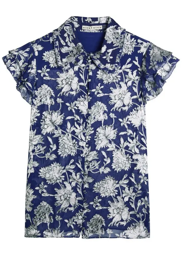 Alice + Olivia Floral Devoré Martel Blouse - Blue