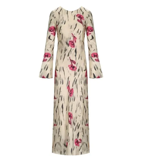GANNI Long Satin Floral Dress - Ivory