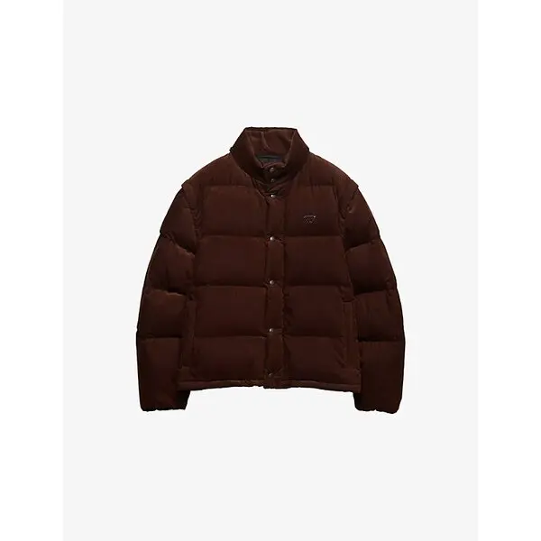 Prada Corduroy Down Jacket With Logo Plaque - Brown