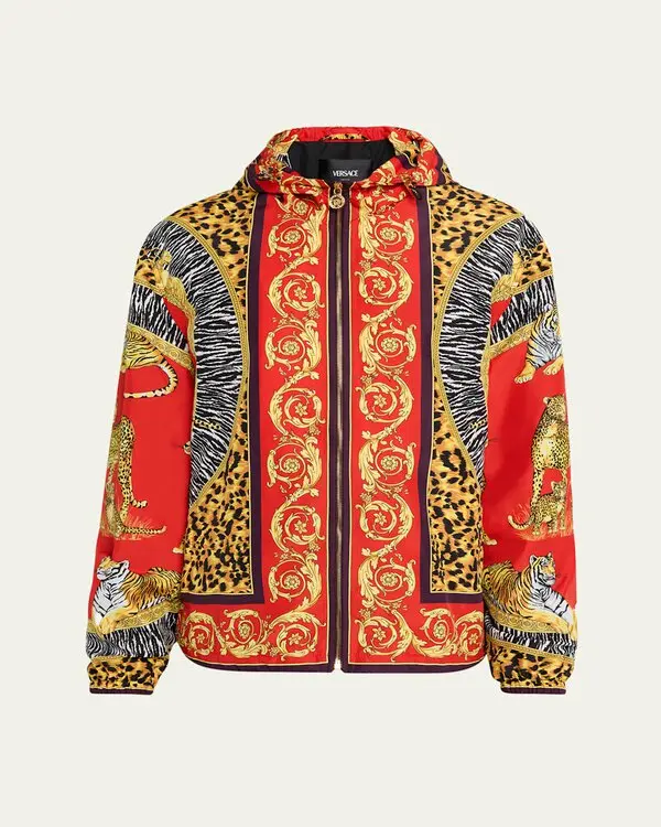 Versace Wild Cat Print Full-zip Hooded Jacket - Lipstick Redmulberr