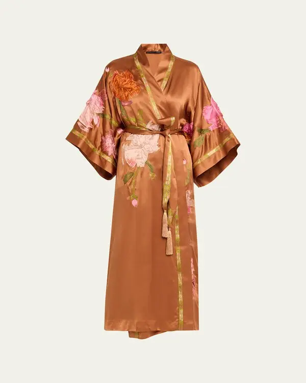 Natori Couture Brushstroke Embroidered Silk Robe - Gold Rush