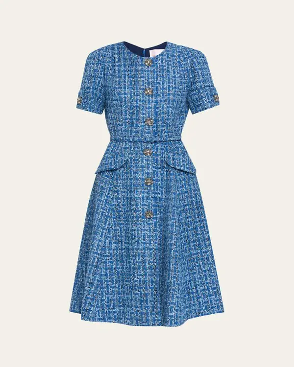 Carolina Herrera Button-front Tweed Midi Dress With Belt - Blue Multi