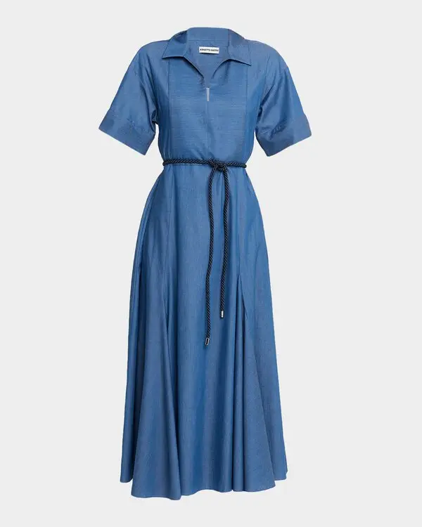Rosetta Getty Slit-collar Belted Midi Caftan Dress