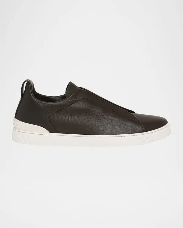 Zegna Triple Stitch Secondskin Leather Slip-on Sneakers - Coffee