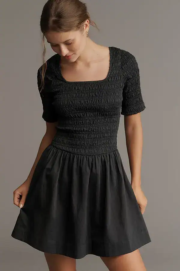 Damson Madder Straight-Neck Smocked Mini Dress In Black - 42% Off |  Editorialist