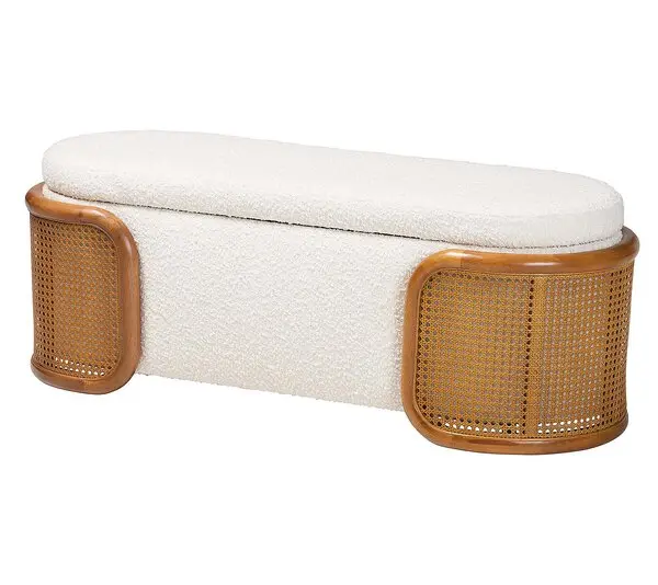 BAXTON STUDIO Basira Cream Boucle Fabric Rattan Storage Bench