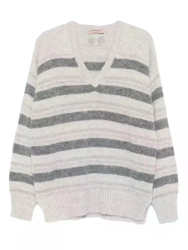 TWINSET Striped V-neck Sweater - Grey