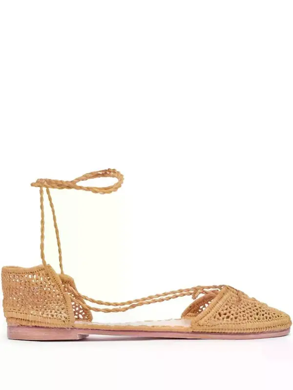 SLO_HAND_MADE Raffia Lace-up Ballet Flats - Brown