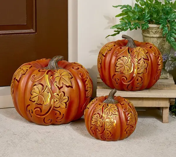 VALERIE PARR HILL As Is 3pc In/outdoor Flickering Flame Pumpkin Valerie