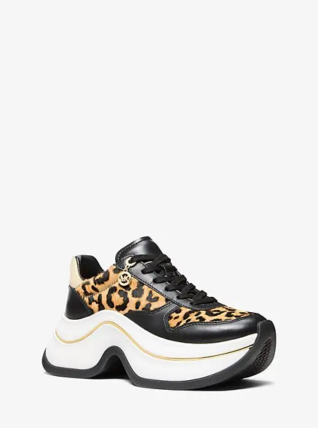 Michael Kors Arla Leopard Print Calf Hair And Leather Trainer - Yellow