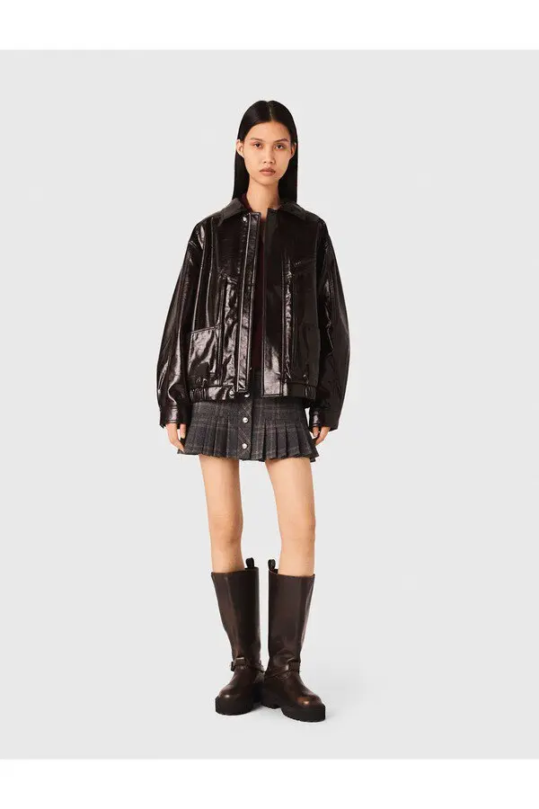 Maje Cracked Faux Leather Jacket - Brown