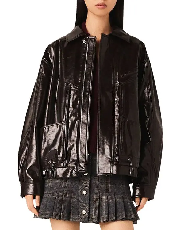 Maje Cracked Faux Leather Jacket - Dark Brown