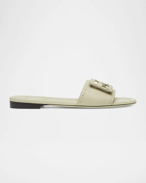 Fendi Baguette Ff Leather Buckle Flat Slide Sandals - Sage