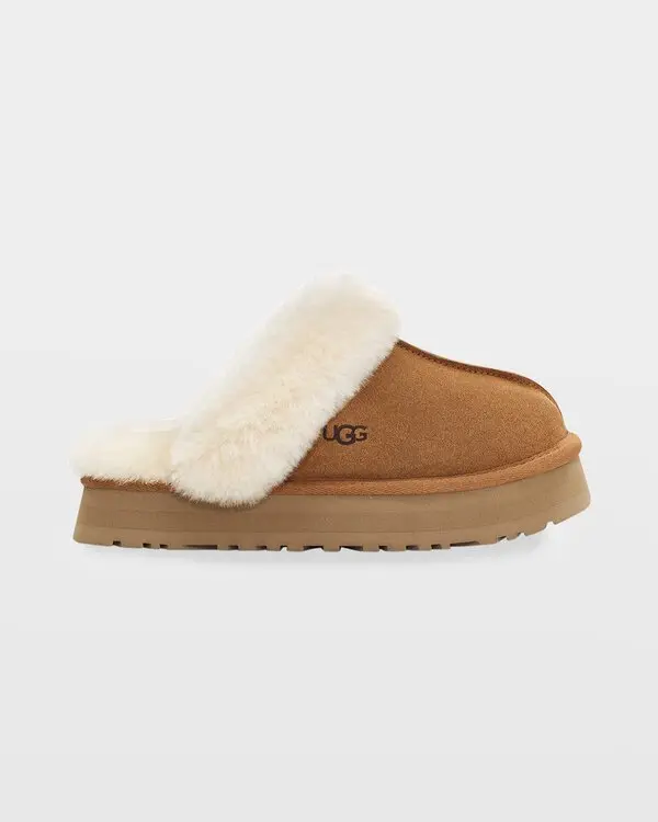 UGG Disquette Suede & Shearling Platform Slippers - Chestnut