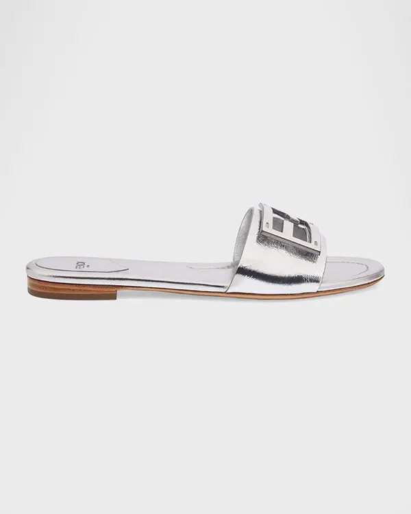 Fendi Baguette Ff Tube Metallic Medallion Flat Sandals - Silver