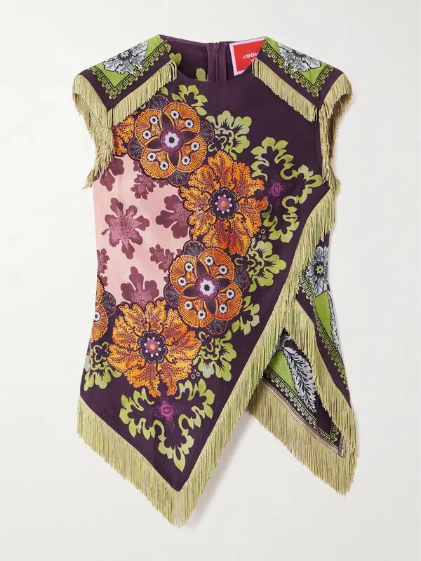 La DoubleJ Fringed Printed Silk-twill Top